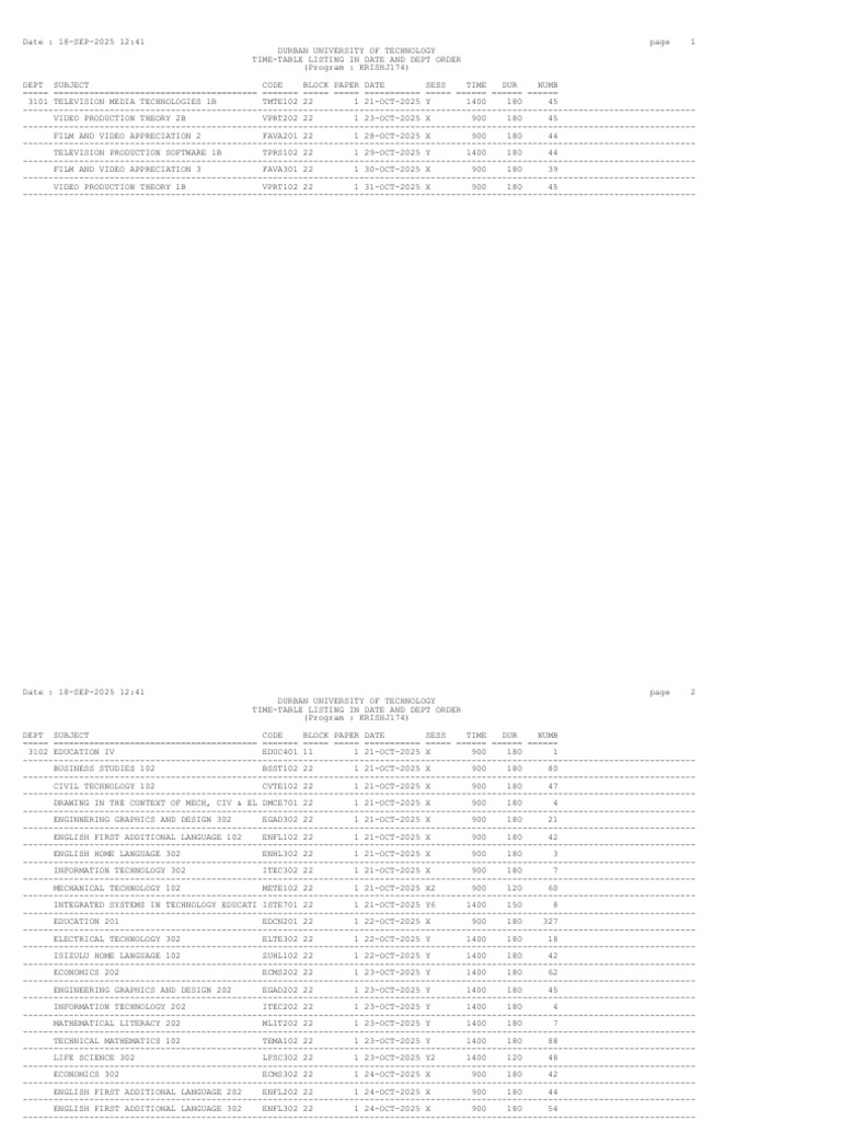 2025 Year End Examination Timetable - 18 September 2025 | PDF ...