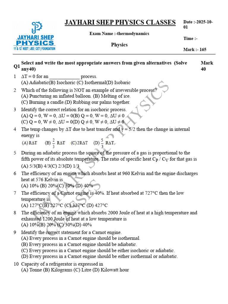 Thermodynamic Question Bank | PDF | Heat | Thermodynamics