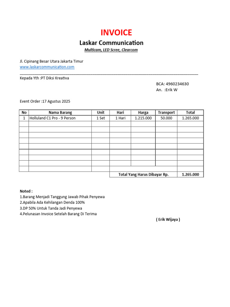Invoice Penyewaan Laskar Communication | PDF