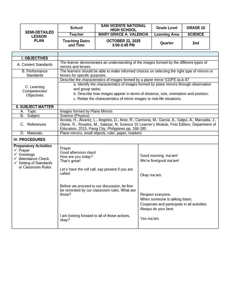 Grade 10 Science Lesson Plan: Mirrors | PDF | Seismology | Learning