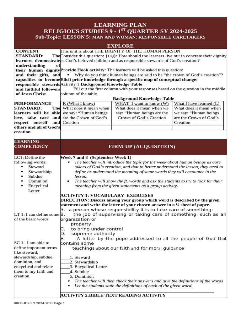 g9 Learning Plan 2024 2025 Lesson 5 | PDF | Genesis Creation Narrative