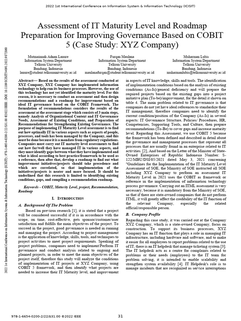 IT Maturity Assessment Roadmap for XYZ Company | PDF | Internal Control ...