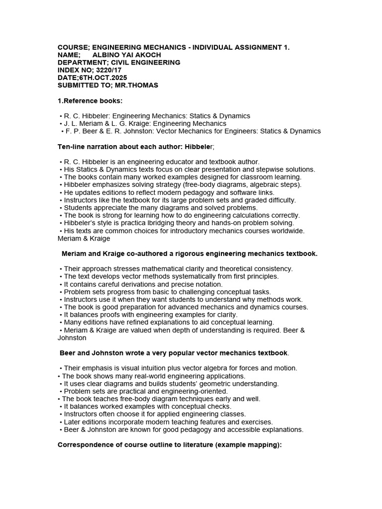 Albino Yai-Mechanics Asssigment Civil Engineering. | PDF | Force ...