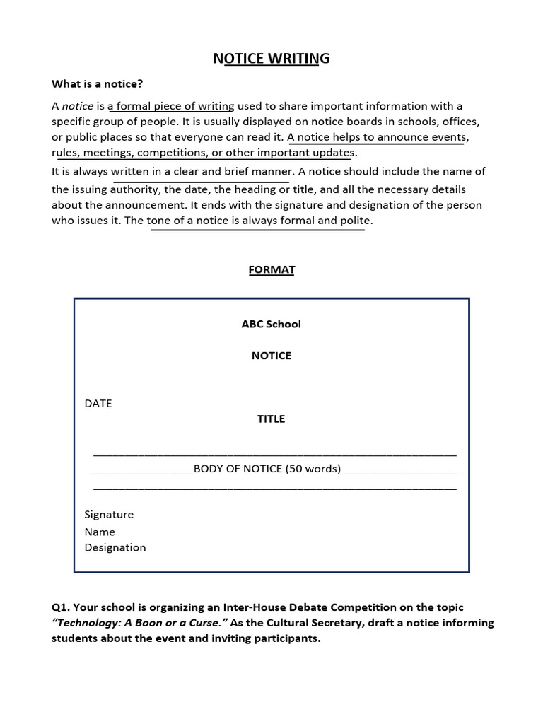 Notice Writing Grade 6 1 1 | PDF