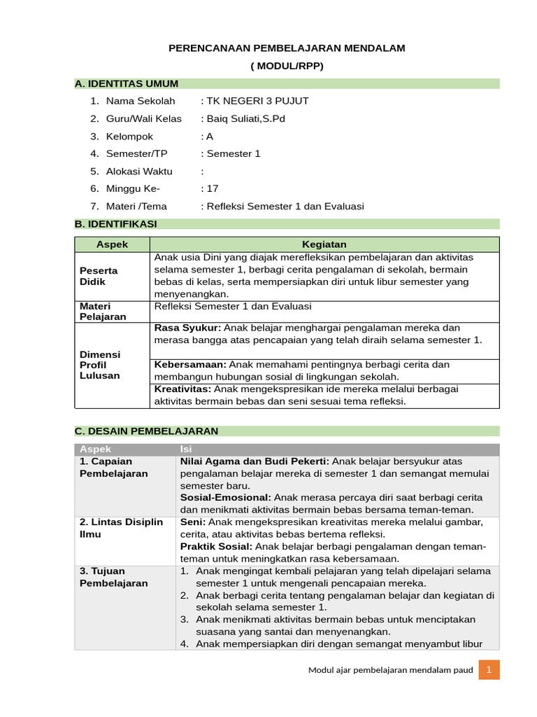 Refleksi Pembelajaran PAUD Semester 1 | PDF