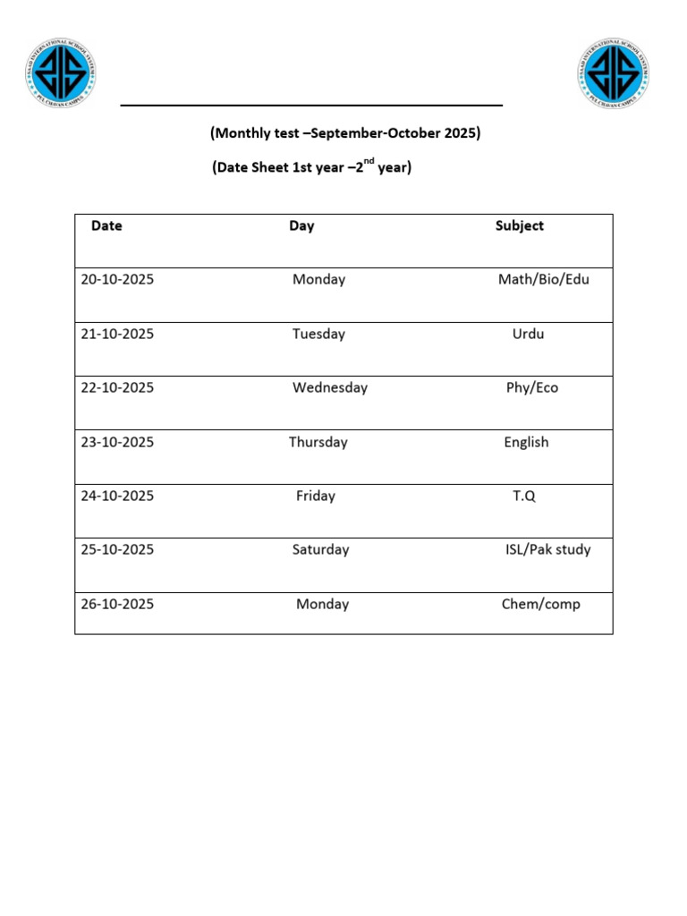 October Date Sheet | PDF