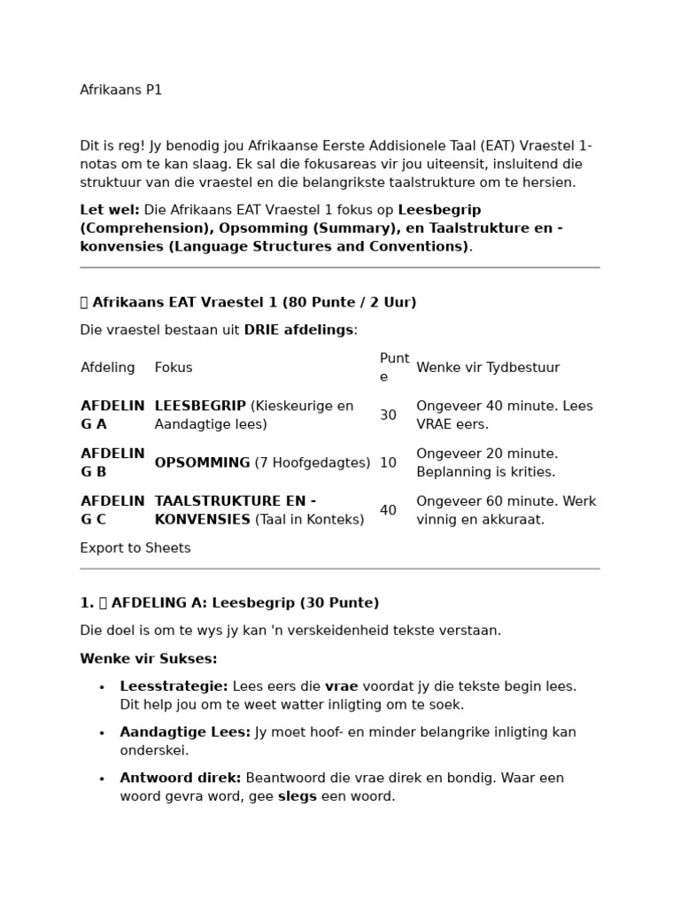 Afrikaans P1 Notes | PDF