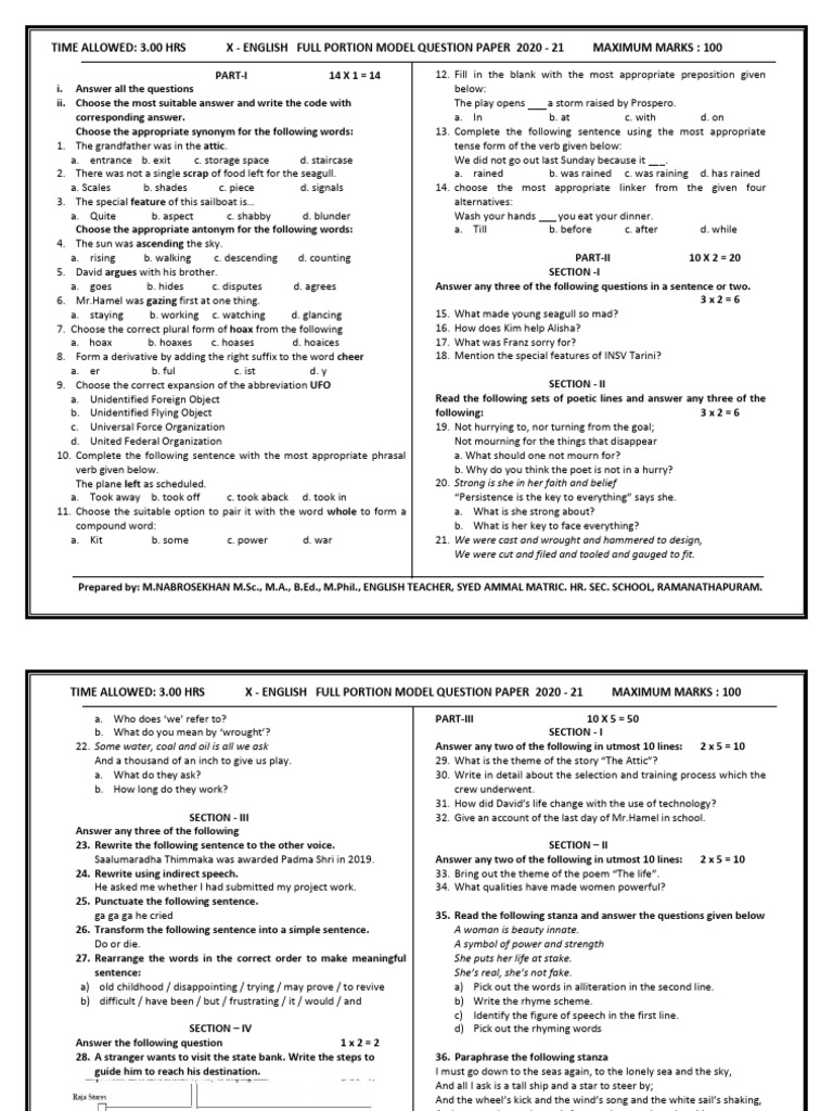 10th English Full Portion Question Paper | PDF
