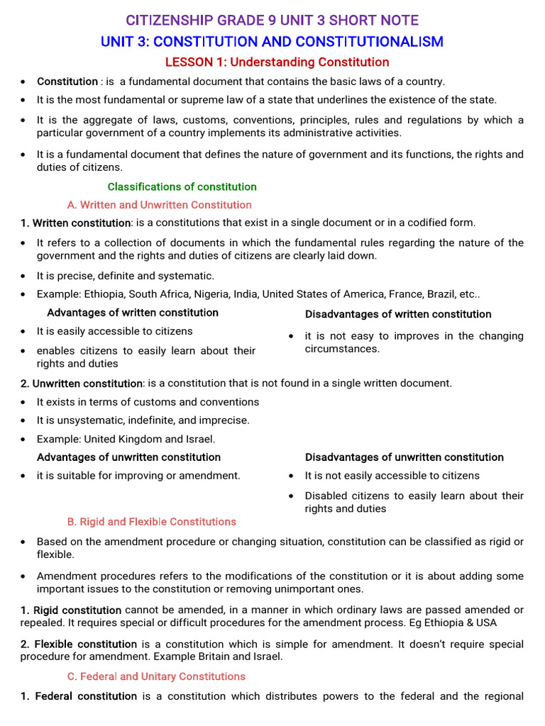 Citizenship Grade 9 Unit 3 Short Note | PDF | Constitution | Government