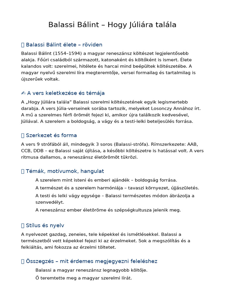 Balassi Balint - Hogy Juliara Talala Vazlat Szep | PDF