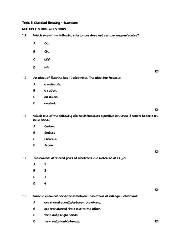 Chemical Bonding Quiz and Answers | PDF | Chemical Bond | Ion