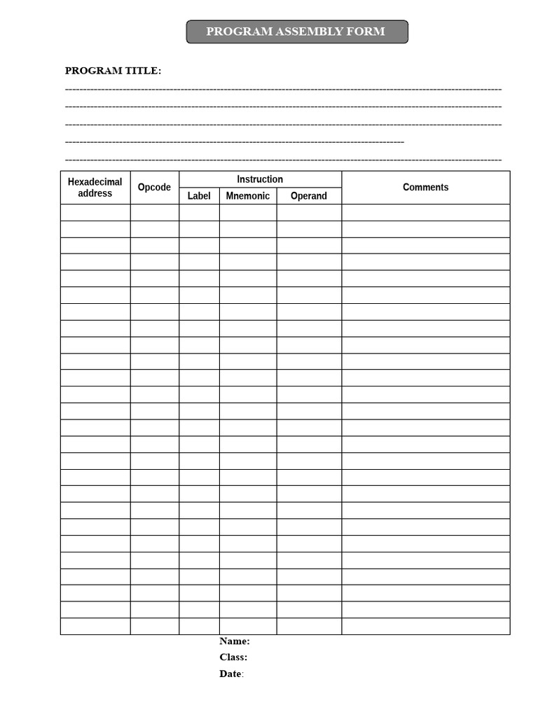 Program Assembly Form: Hexadecimal Address Opcode Instruction Comments ...