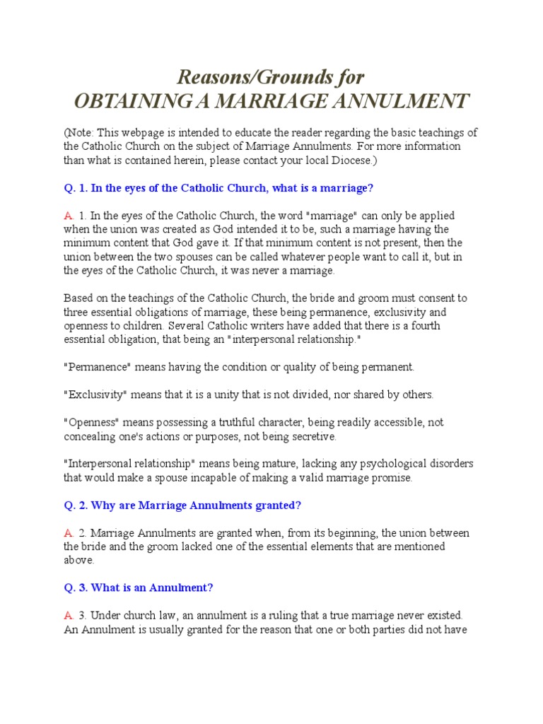 Reasons or Grounds For Marriage Annulment of Catholic Marriage | PDF ...