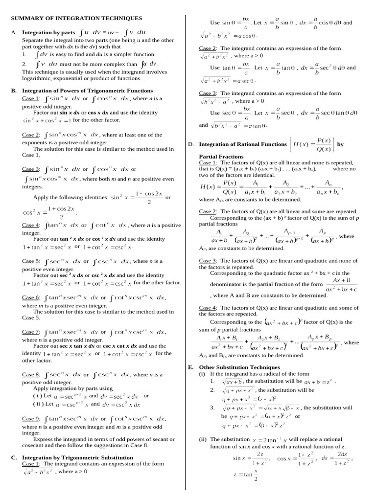 Summary of Integration Techniques | PDF | Trigonometric Functions ...