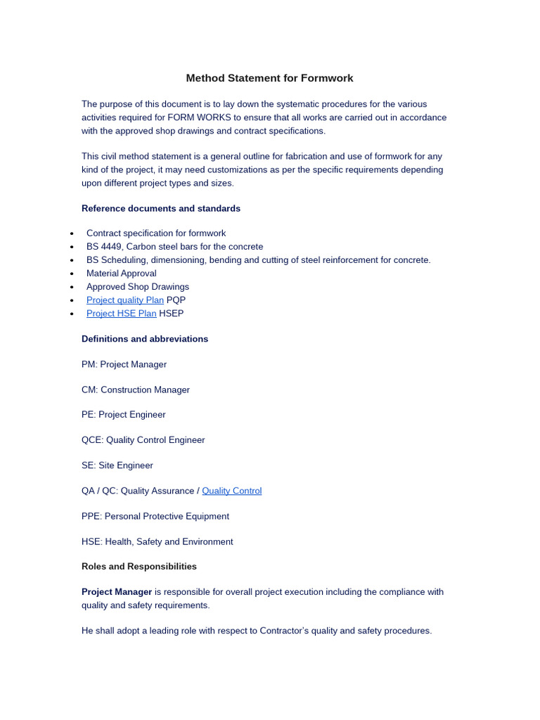 Formwork Method Statement Guide | PDF | Quality Assurance