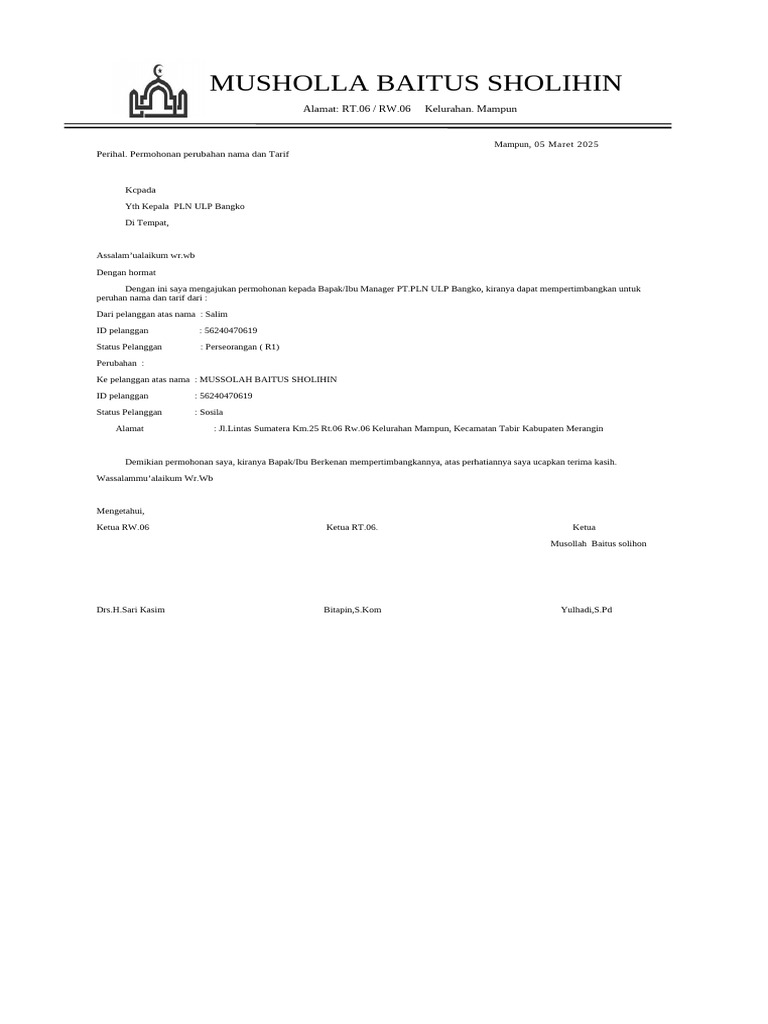 Surat-Permohonan-Listrik-Tarif-Sosial - BAITUS SOLIHIN | PDF