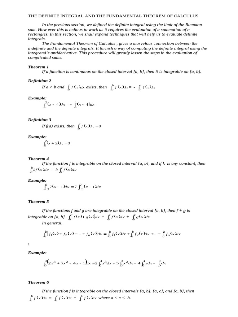 The Definite Integral and The Fundamental Theorem of Calculus | PDF ...