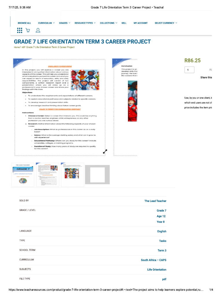 Grade 7 Life Orientation Term 3 Career Project - Teacha! | PDF