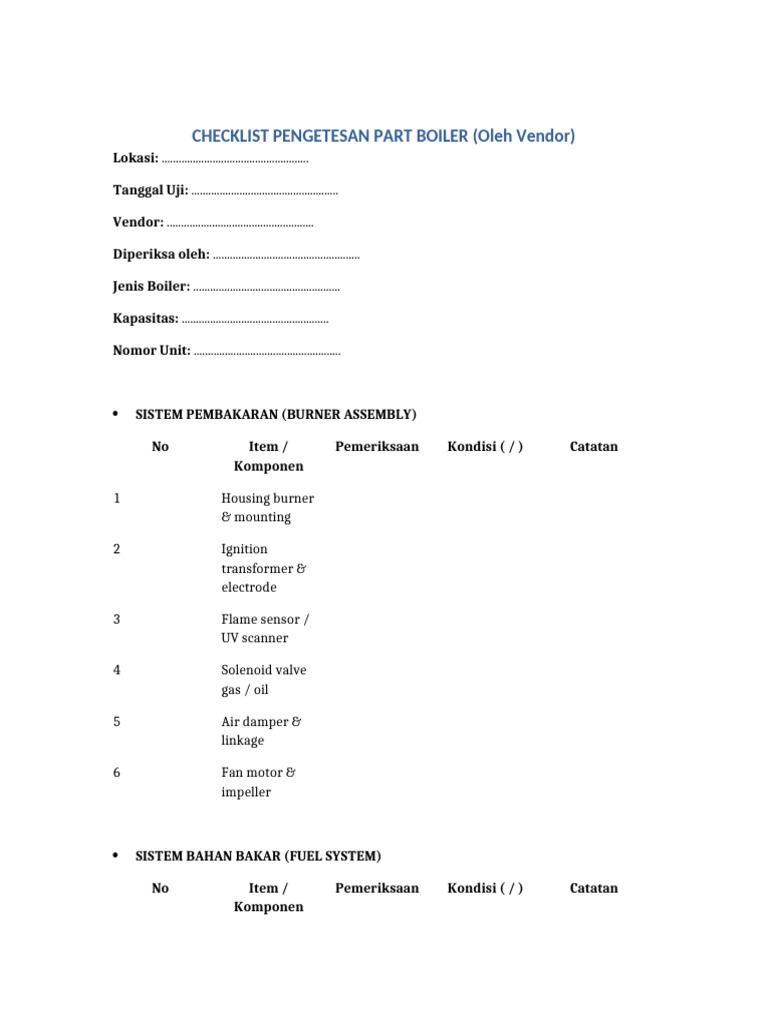 Checklist Pengetesan Part Boiler | PDF