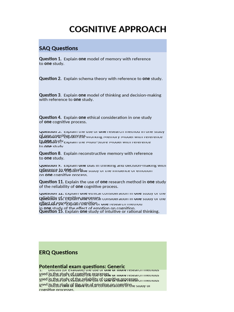 Cognitive Processes: Exam Questions Guide | PDF | Memory | Recall (Memory)