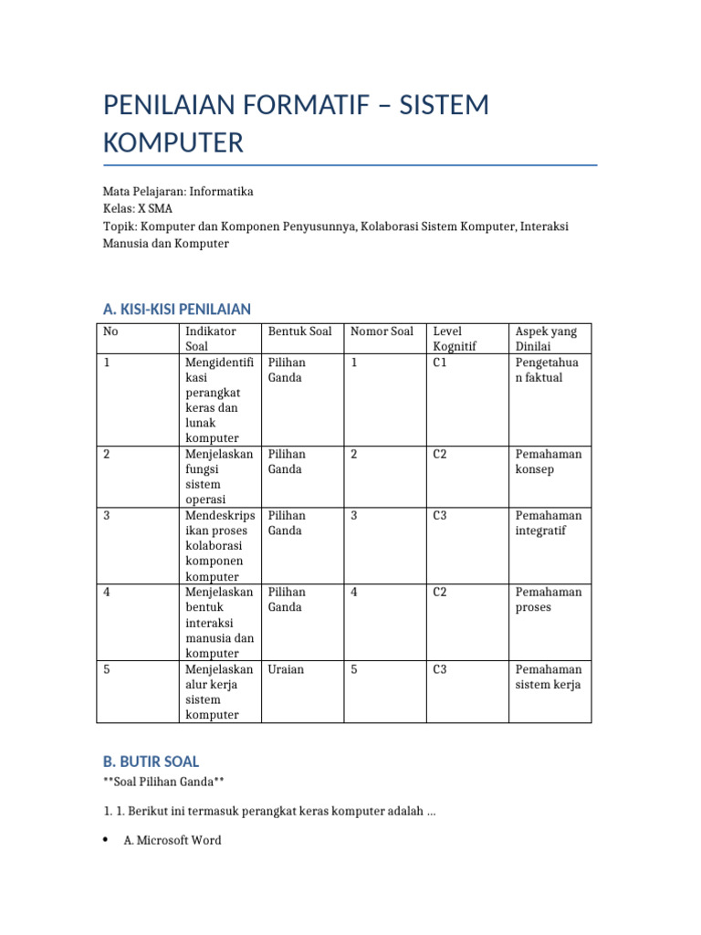 Penilaian Formatif Sistem Komputer | PDF