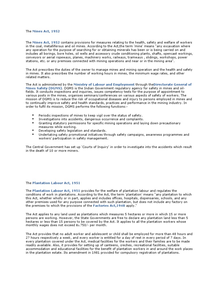 Mining, Plantation Acts | PDF | Occupational Safety And Health | Workforce