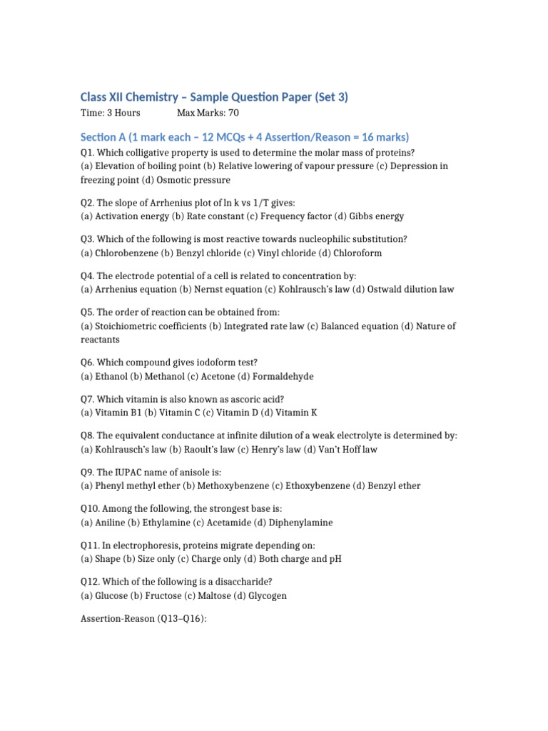 Class XII Chemistry Sample Paper Set 3 | PDF | Chemical Reactions ...