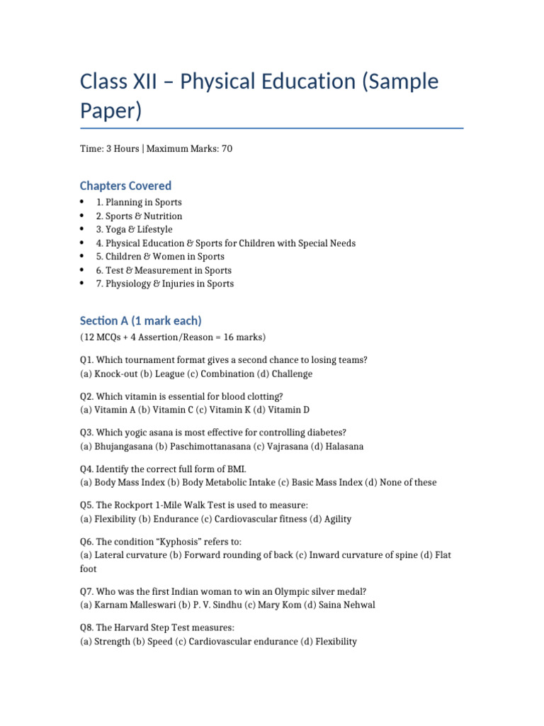 Class XII Physical Education Sample Paper | PDF | Medical Specialties