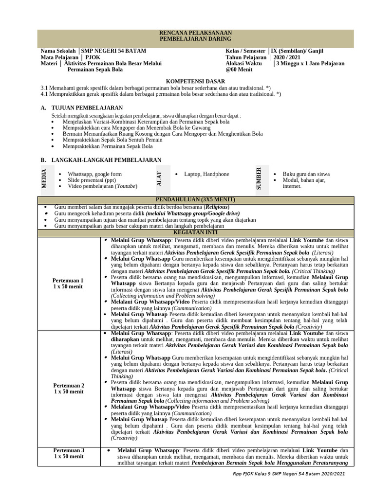 Rpp Pjok Kelas 9 Full 2020-2021 | PDF
