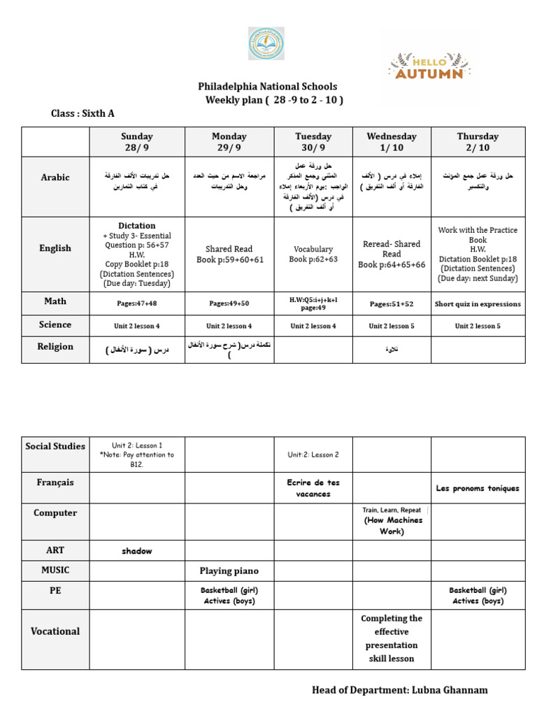 Philadelphia National Schools Weekly Plan (28 - 9 To 2 - 10) Class ...