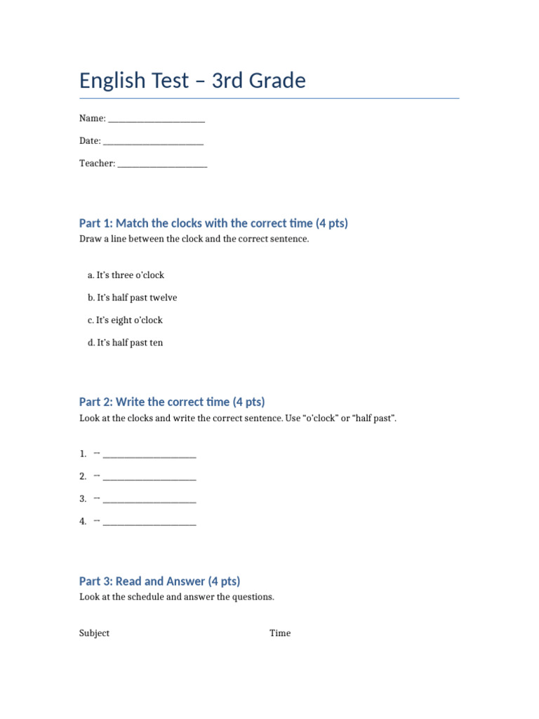 3rd Grade English Time Test | PDF