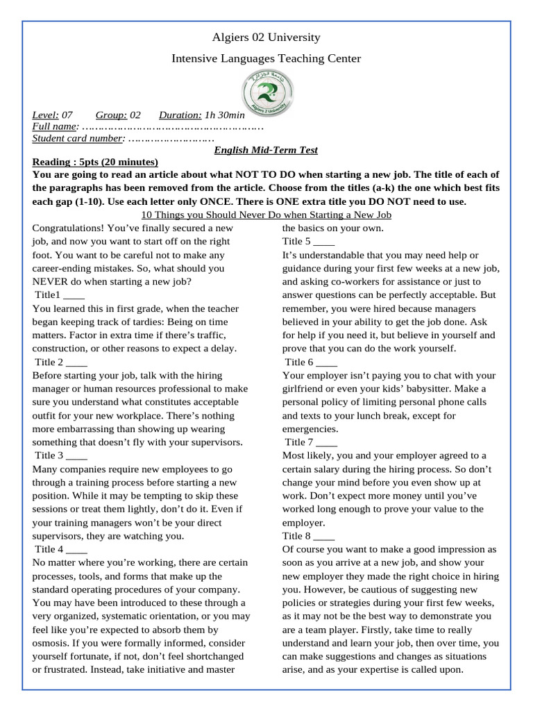 Level 7 GR 2 Reading and Writing Midterm Test | PDF | Employment