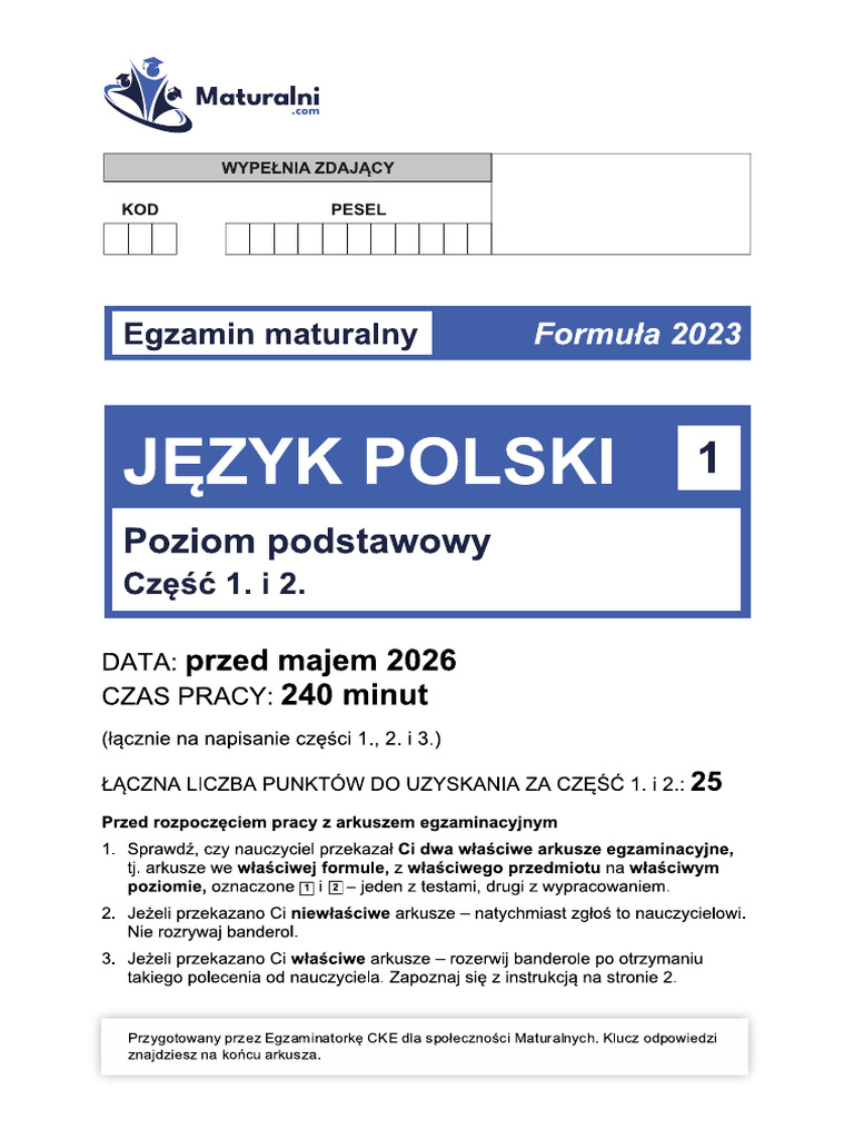 Maturalni - Arkusz j. Polski (08.2025) | PDF