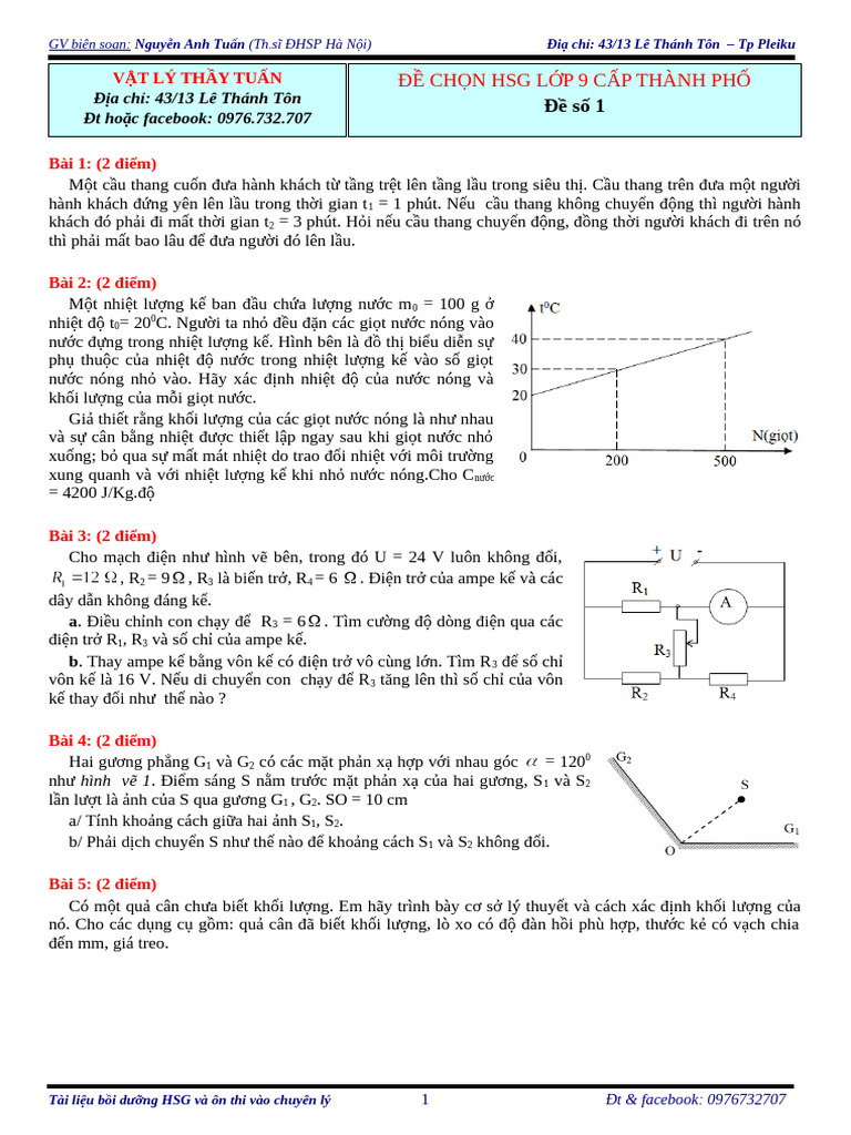 ĐỀ HSG VẬT LÝ 9 CẤP THÀNH PHỐ - ĐỀ SỐ 1 (XONG) | PDF