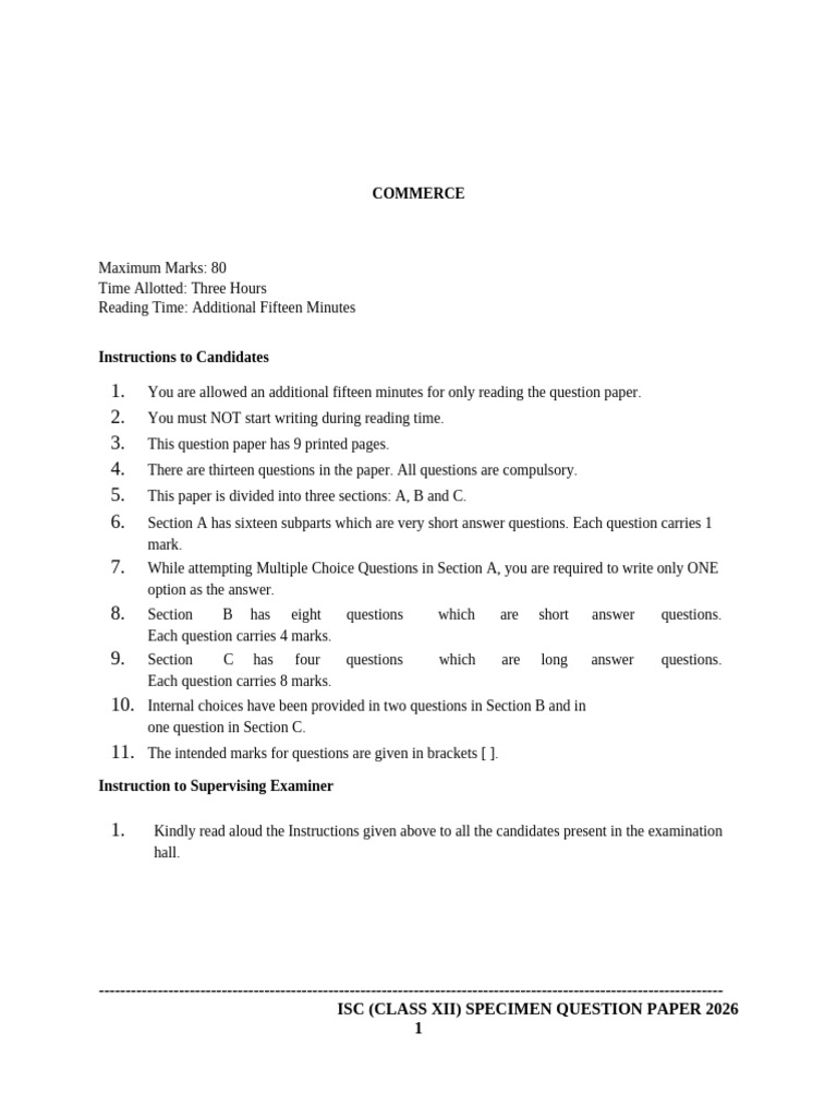 ISC Class XII Commerce Specimen Paper 2026 | PDF | Dividend | Payments