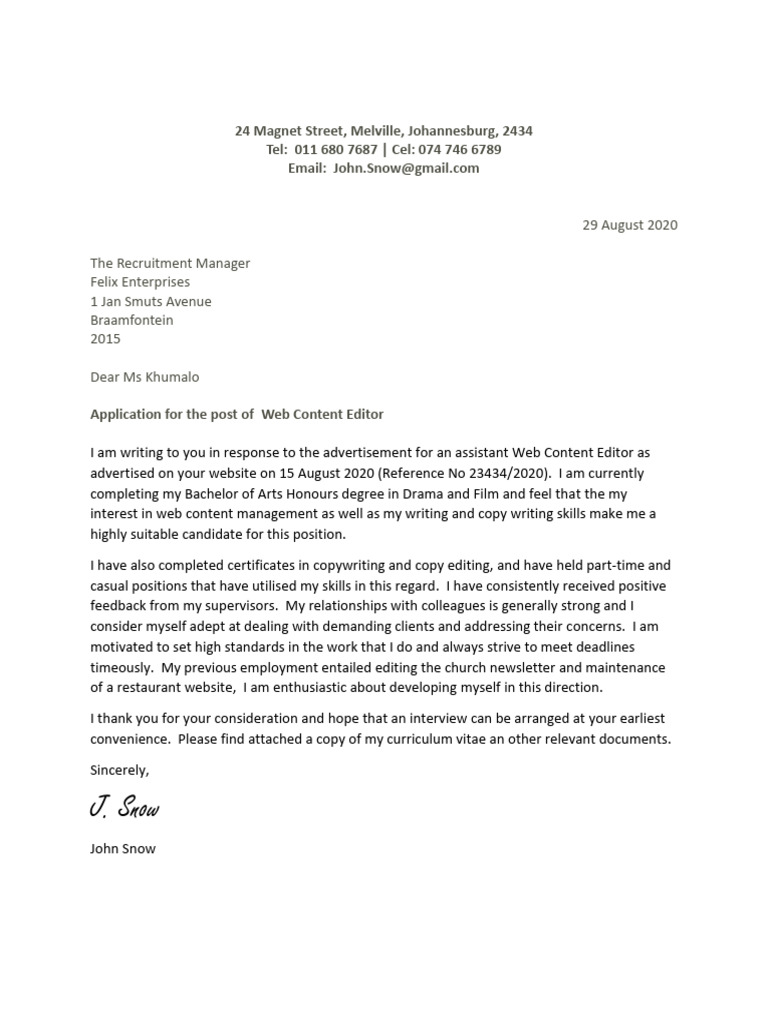 Cover Letter Sample Eg. 1 | PDF