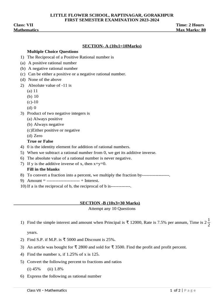 Class VII Math Exam Paper 2023-24 | PDF | Rational Number | Numbers