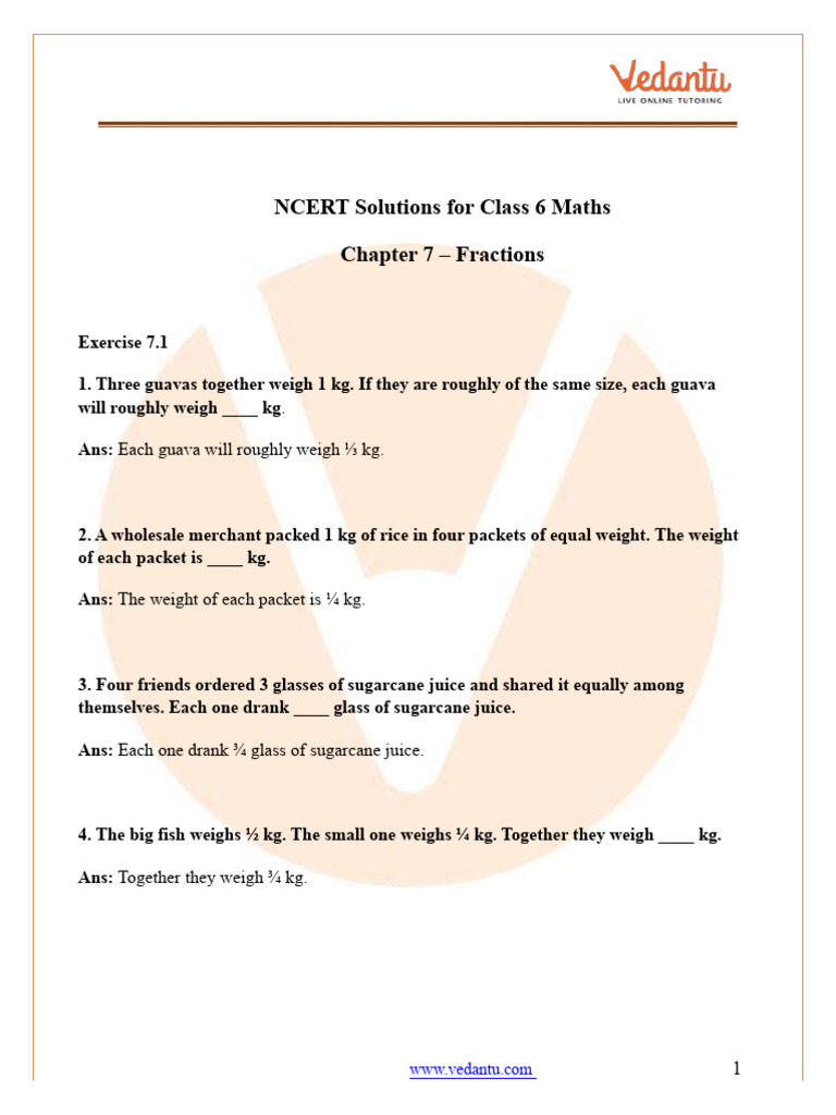 NCERT Solutions Class 6 Maths Chapter 7 Fractions - Vedantu | PDF ...