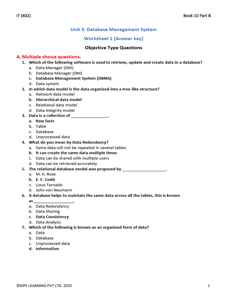 IT (402) Book 10_Unit 3_Worksheet_Answer Key | PDF | Databases | Table (Database)