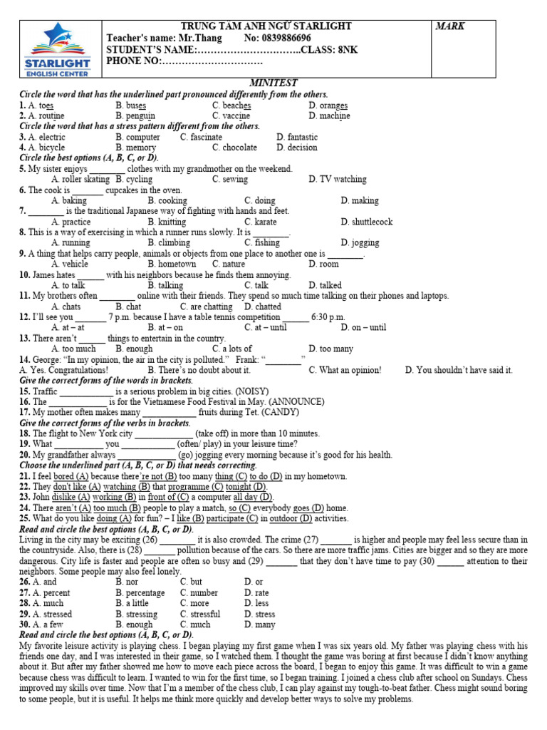 English Mini Test for 8th Grade Students | PDF