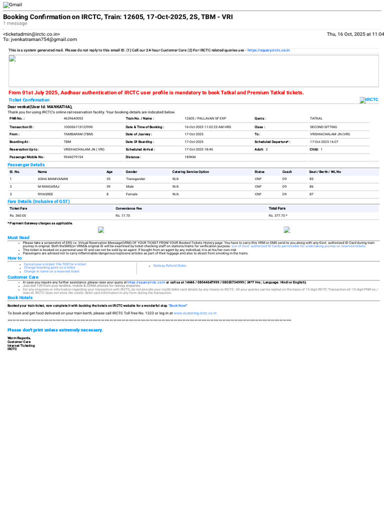 Gmail - Booking Confirmation on IRCTC, Train_ 12605, 17-Oct-2025, 2S ...