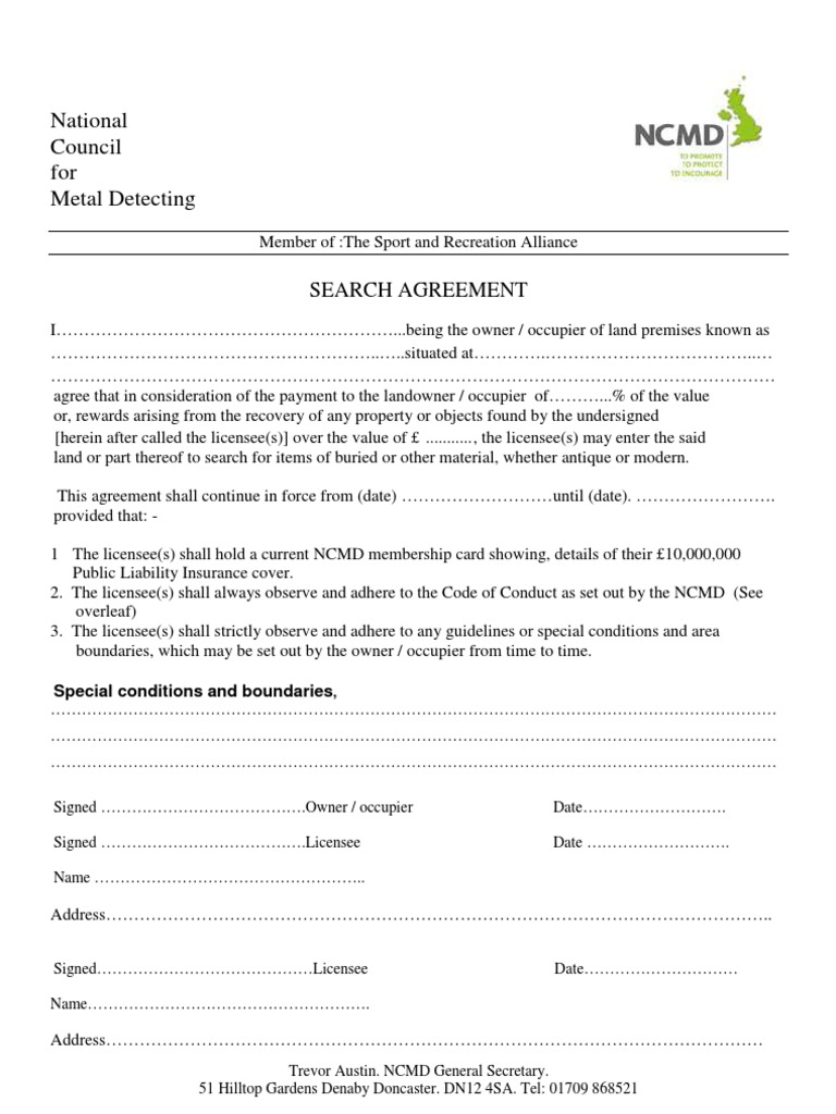 Metal Detecting Search Agreement | PDF | Metal Detector | Common Law