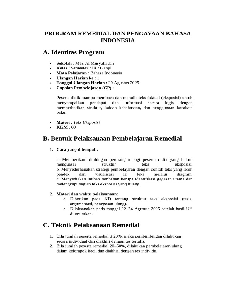 Program Remedial Bahasa Indonesia Kelas IX | PDF