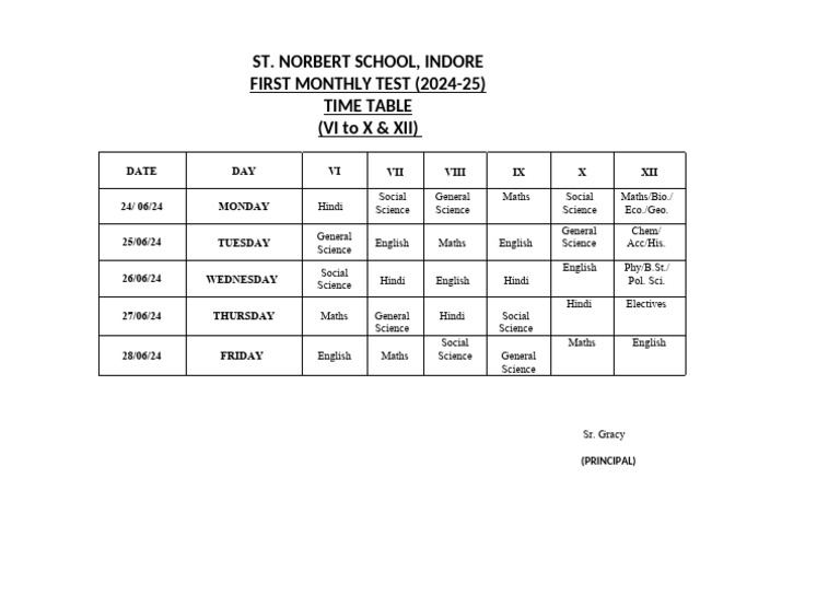 Monthly Test Time Table 2024 | PDF