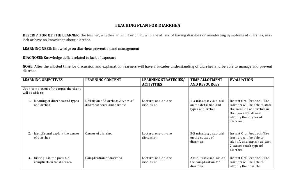 Teaching Plan For Diarrhea | PDF | Diarrhea | Lecture