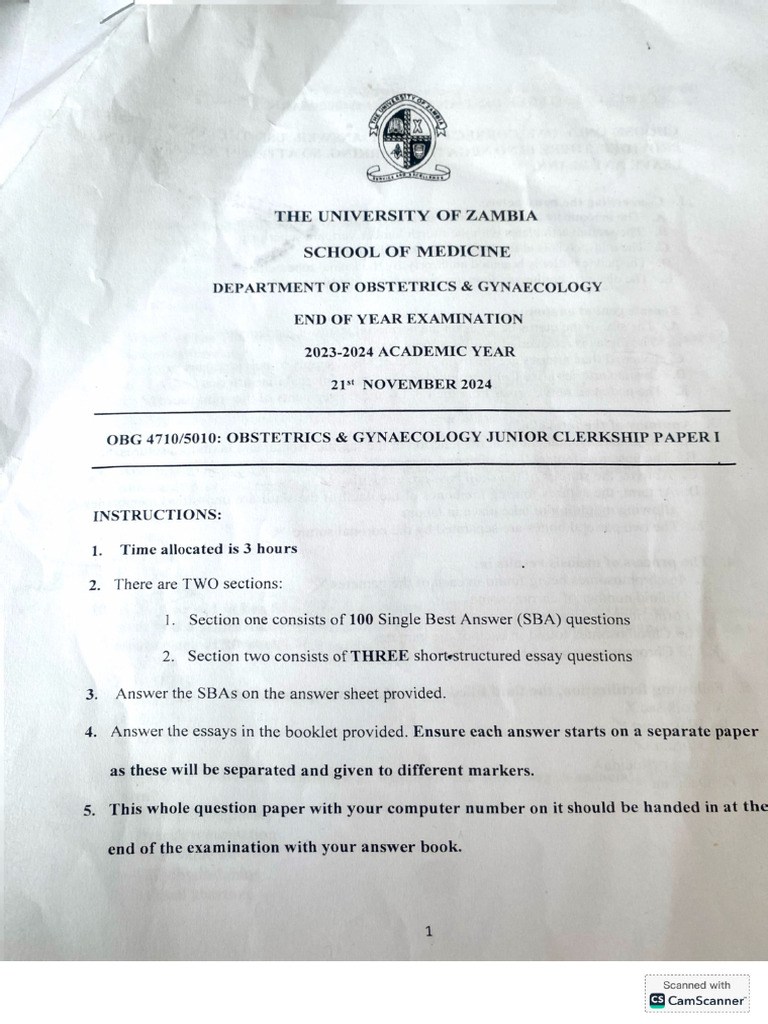 Obs & Gyn Paper End of Year Exam - 251029 - 150109 | PDF