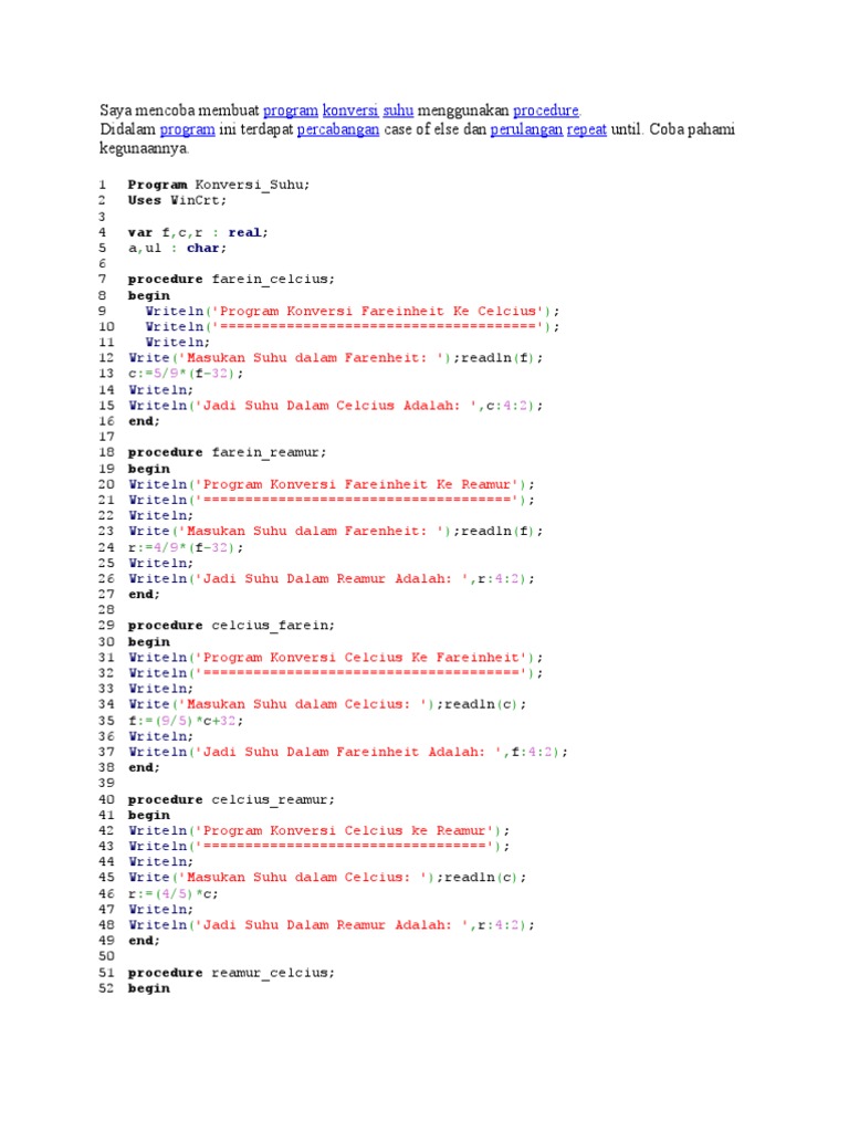 Program Konversi Suhu Pascal | PDF