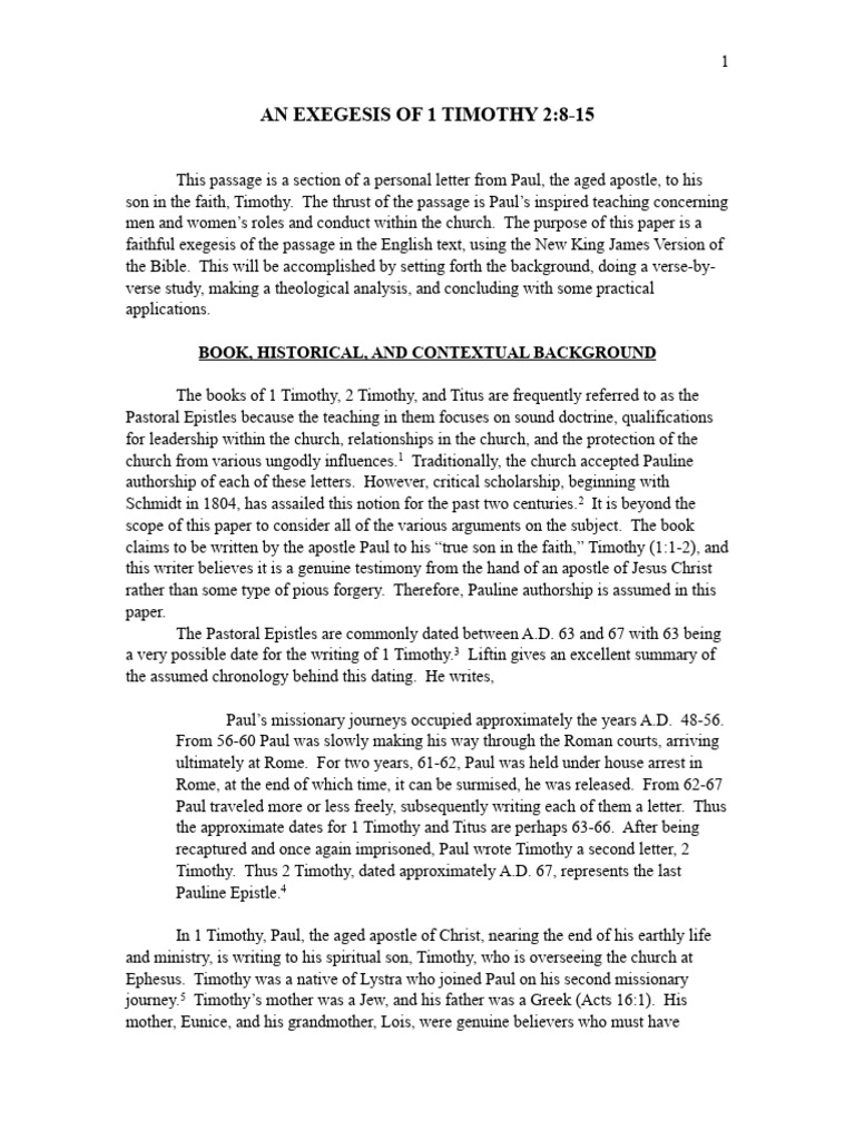 Exegesis of 1 Timothy 2:8-15 Roles in Church | PDF | Saint Timothy ...