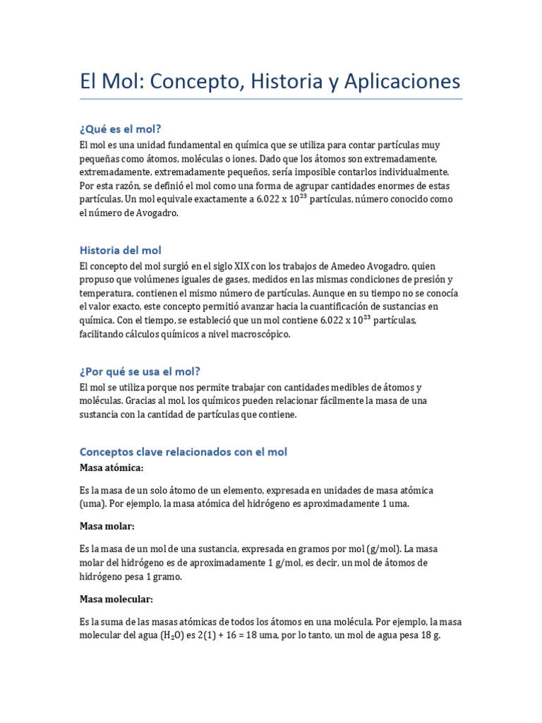 El Mol: Definición e Historia en Química | PDF | Mole (Unidad ...