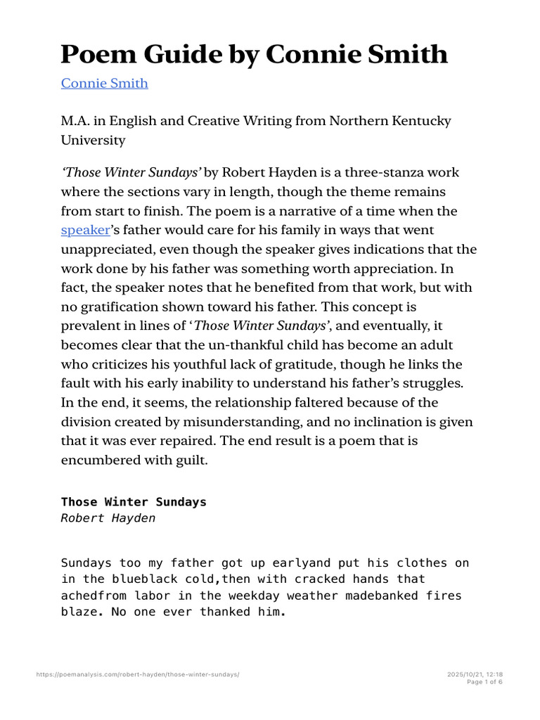 Those Winter Sundays by Robert Hayden - Poem Analysis | PDF